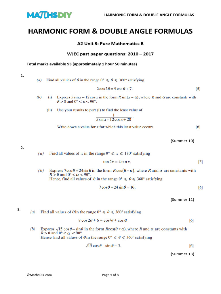 Harmonic Form Double Angle Formulas 6 | PDF