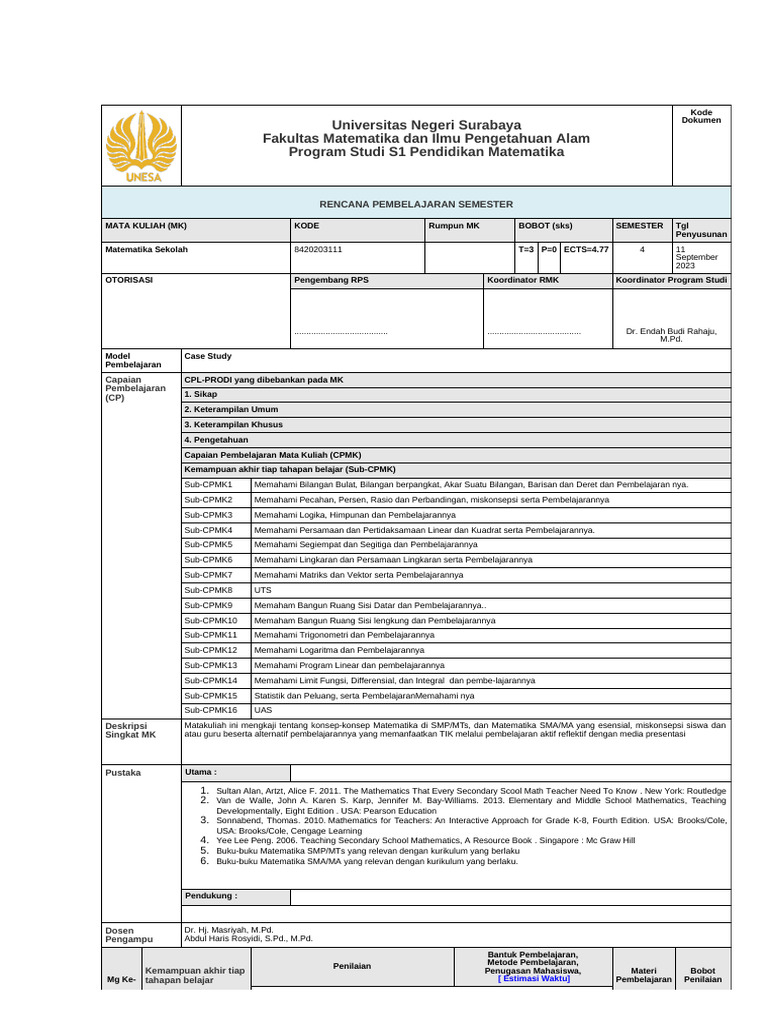 RPS Pendidikan Matematika | PDF