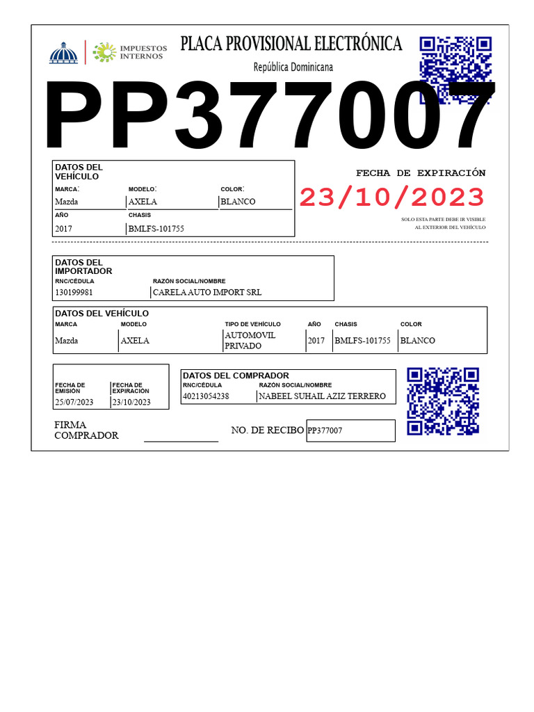 AXELA JULIOOFV - Impresión-Reimpresion placa provisional (Placa_ PP377007) | PDF