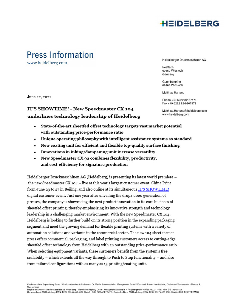 New Heidelberg Speedmaster CX 104 Launch | PDF