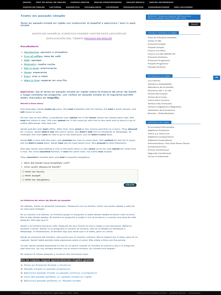 Texto en Pasado Simple en Inglés Con Traducción Al Español y Ejercicios ...