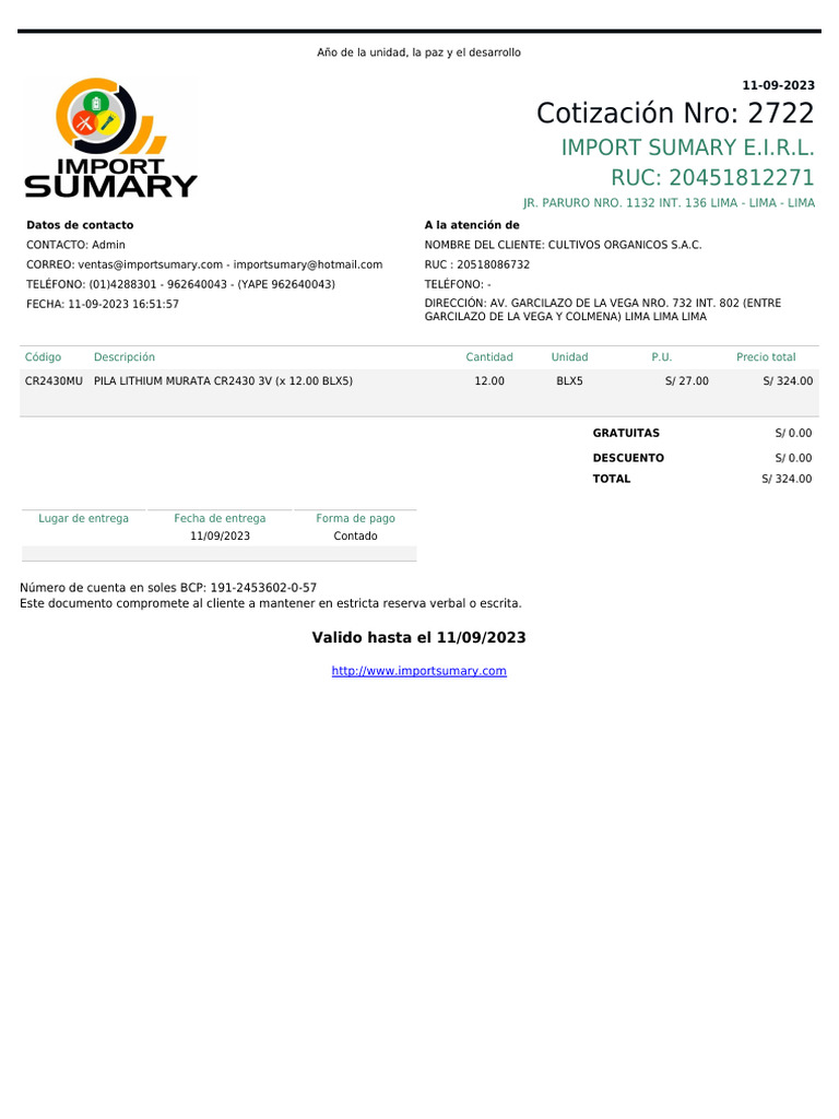 Cotización Import Sumary E.I.R.L. | PDF