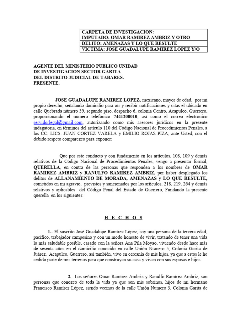 Querella por Amenazas y Allanamiento | PDF | Queja | Justicia