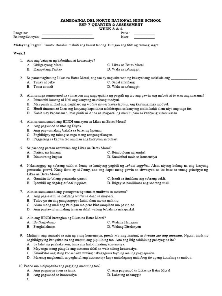 Esp 7 Q2 Assessment Week 3 4 | PDF