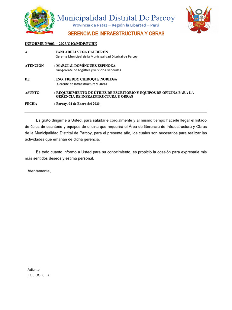 Informe N°001 - 2023 - FCHN - Requerimiento de Equipos e Utiles de ...