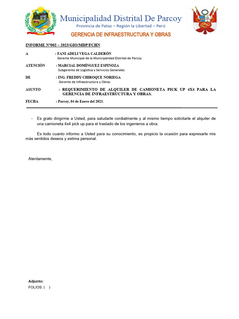 Informe N°002 - 2023 - FCHN - Requerimiento de Alquiler de Camioneta | PDF