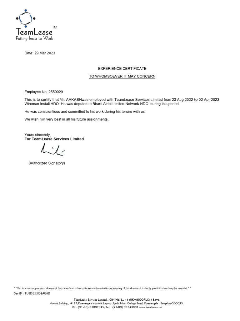 Experience Letter | PDF