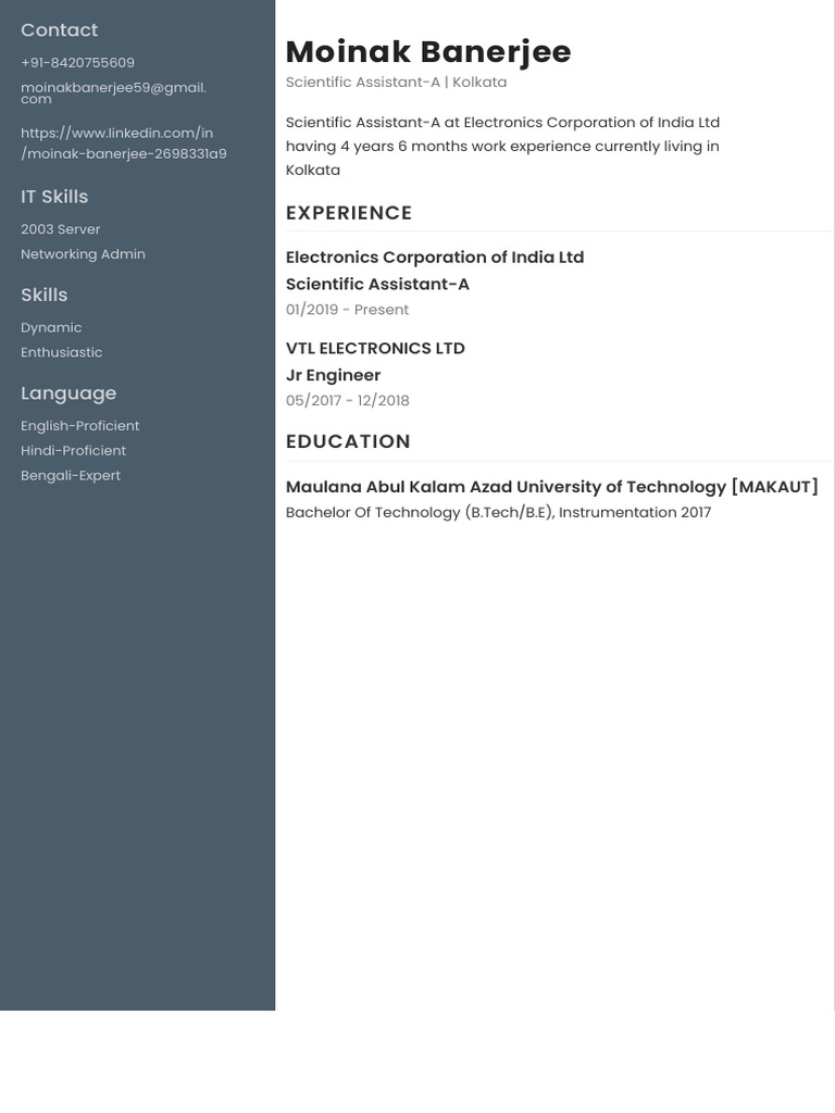 Scientific Assistant-A Resume - Kolkata | PDF