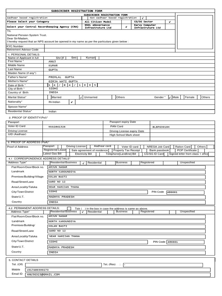 NPS Subscriber Registration Form | PDF | Financial Services | Investing