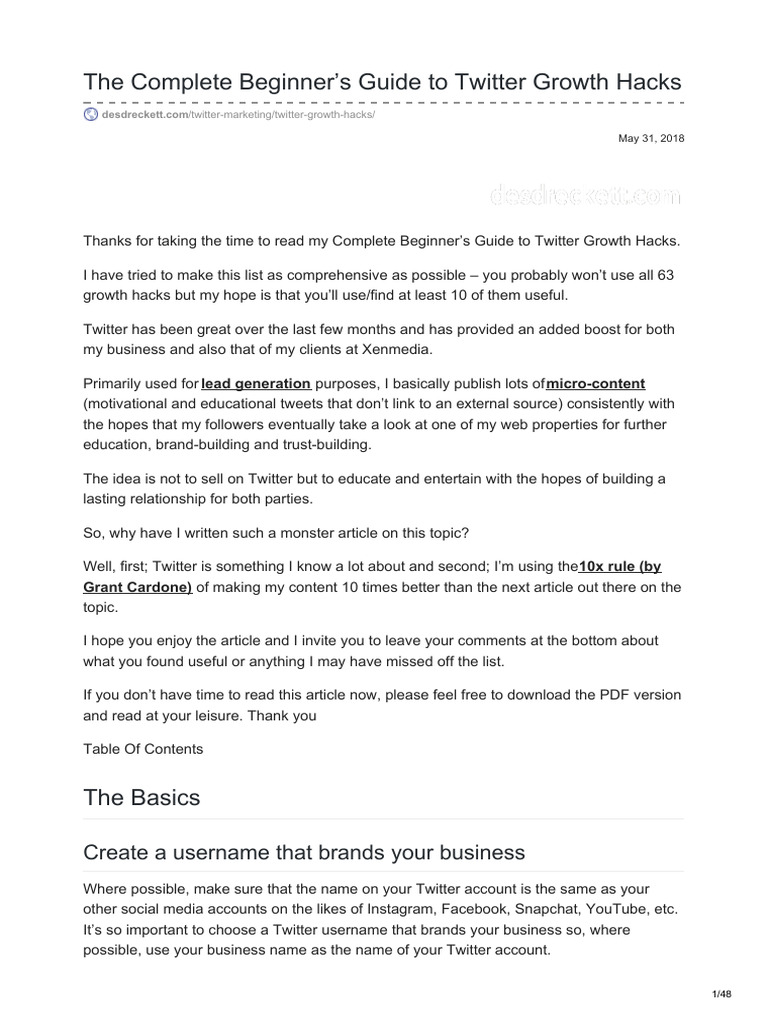 The Complete Beginners Guide To Twitter Growth Hacks | PDF | Social ...