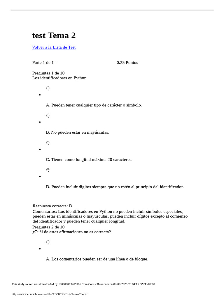 Test Tema 2 | PDF | Python (lenguaje de programación) | Tipo de datos