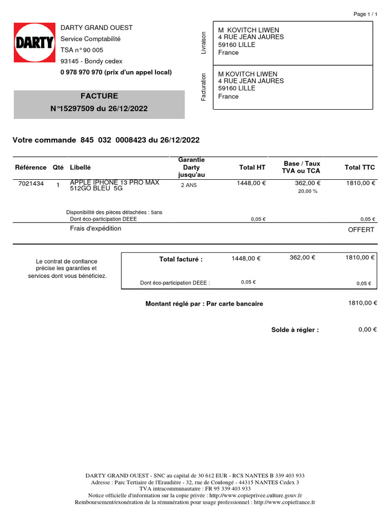 Darty Facture-2-2-2-2-2-2 | PDF | Argent | Économie