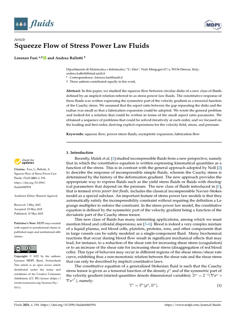 Squeeze Flow of Stress Power Law Fluids | PDF | Stress (Mechanics ... Squeeze Flow of Stress Power Law Fluids | PDF | Stress (Mechanics ...
