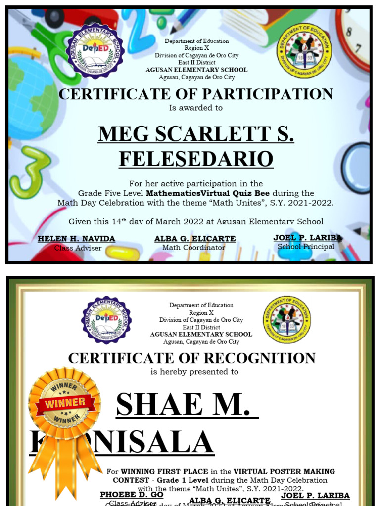 Quiz Bee Participation and Recognition Certificates | PDF