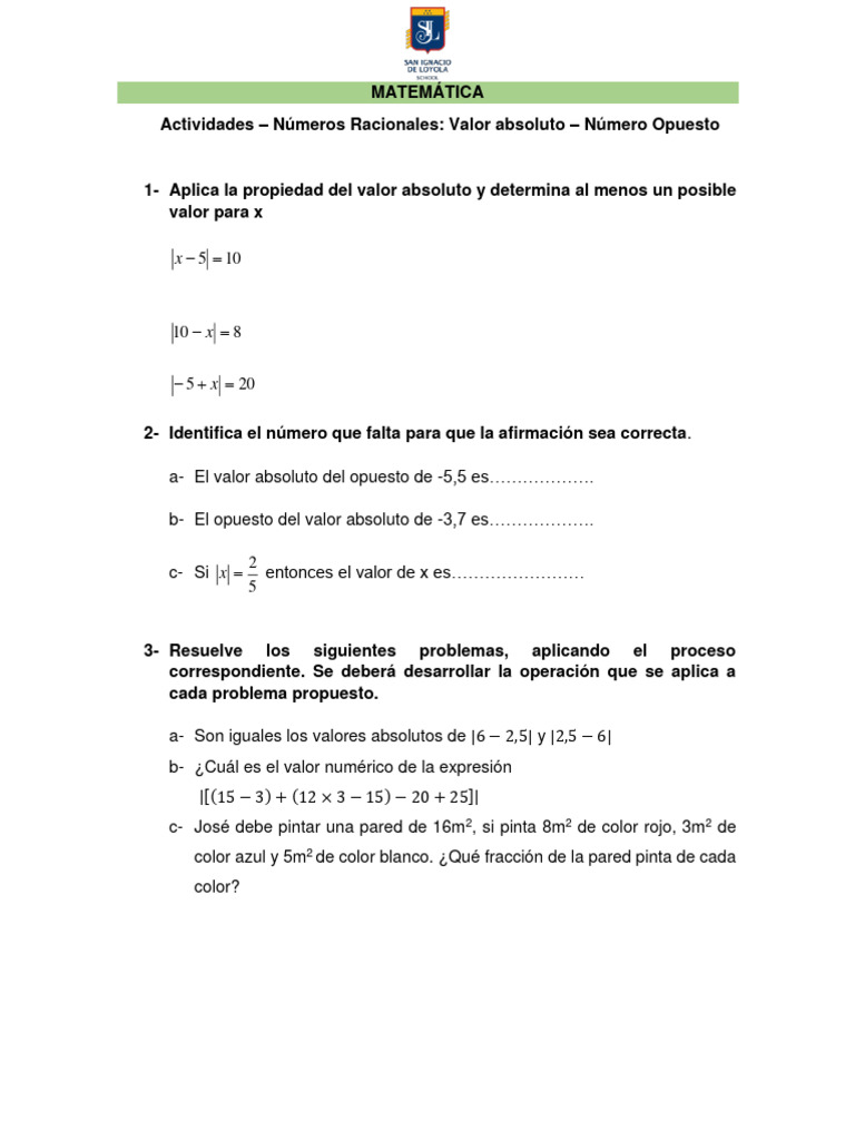 Ejercicios Valor Absoluto - Número Opuesto - 3 de Agosto | PDF