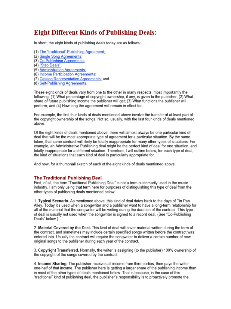 Eight Different Kinds of Publishing Deals | PDF | Songwriter | Copyright