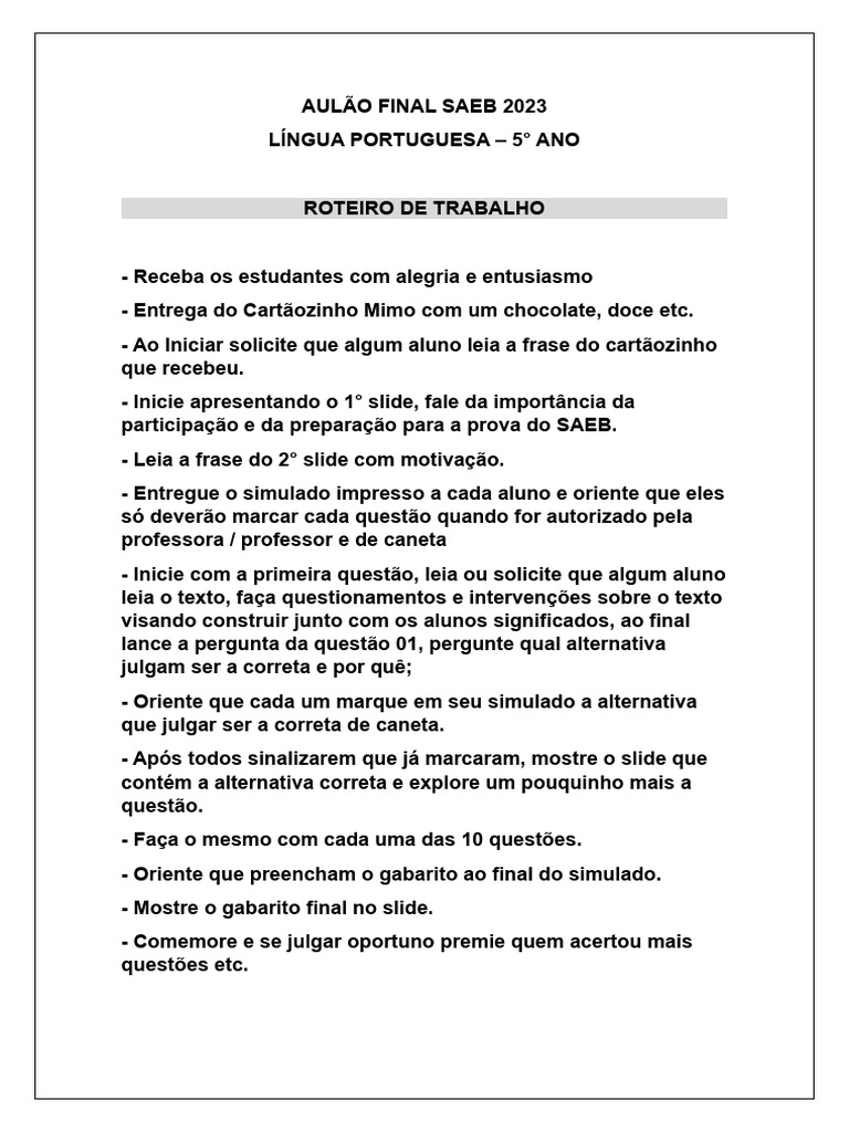 Roteiro de Trabalho - AULÃO FINAL SAEB 2023 | PDF