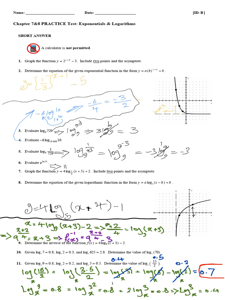 Chapter 7&8 PRACTICE Test - Exponentials & Logarithms (ID-B) | PDF ...