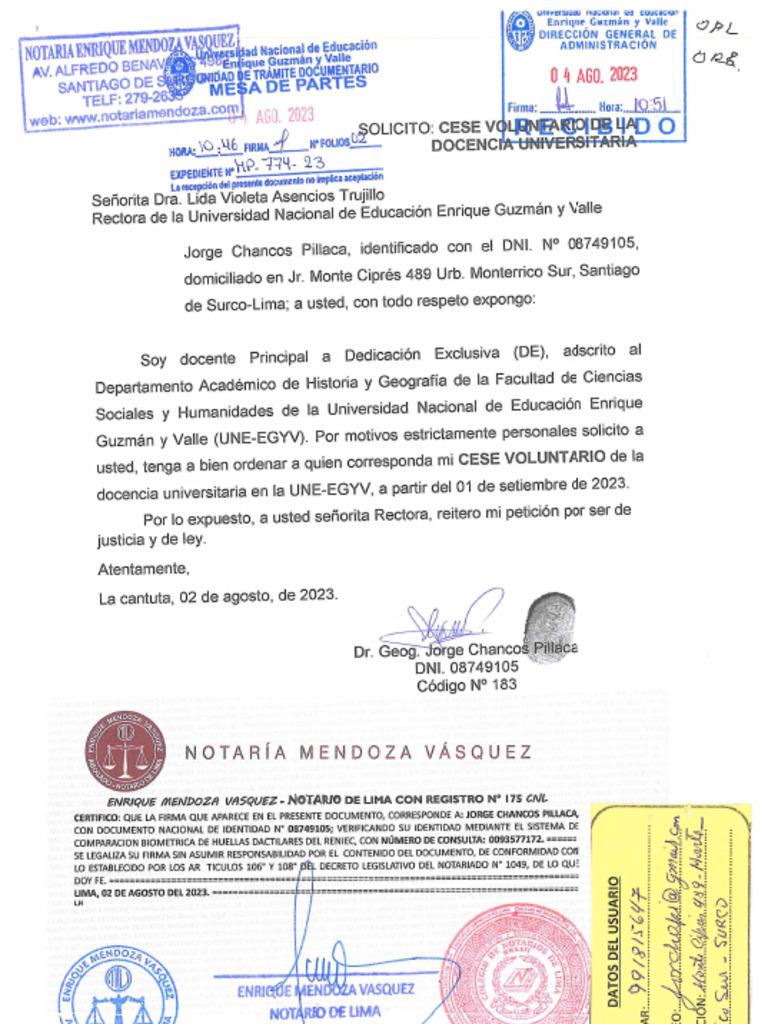 Oficio #0474-2023-DIGA-UNE - Rectorado - SOLICITO APROBAR EL CESE POR RENUNCIA Y PAGO DE ...