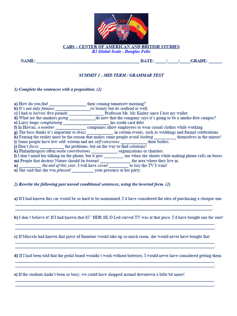 CABS Mid-Term Grammar Test | PDF | Language Mechanics | Grammar