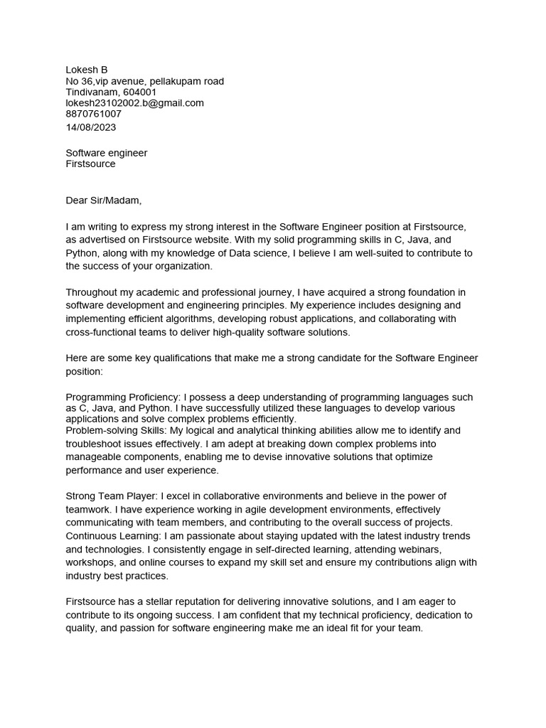 Lokesh Cover Letter | PDF | Computer Programming | Software