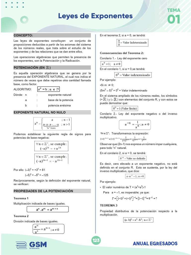 Leyes de Exponentes y Radicación en Álgebra | PDF | Exponenciación ...