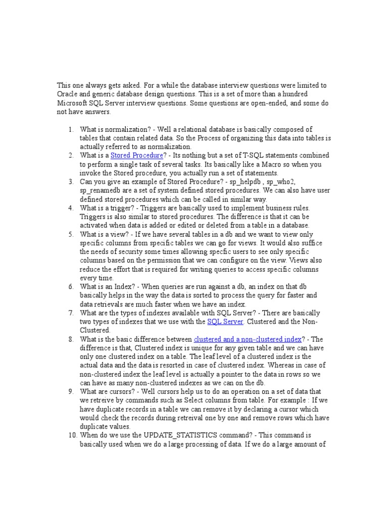 SQL Questions | PDF | Database Index | Microsoft Sql Server