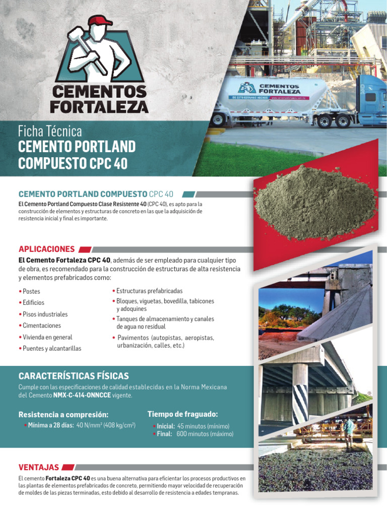 Ficha Tecnica Cemento Portland Compuesto CPC40 | PDF | Hormigón | Cemento