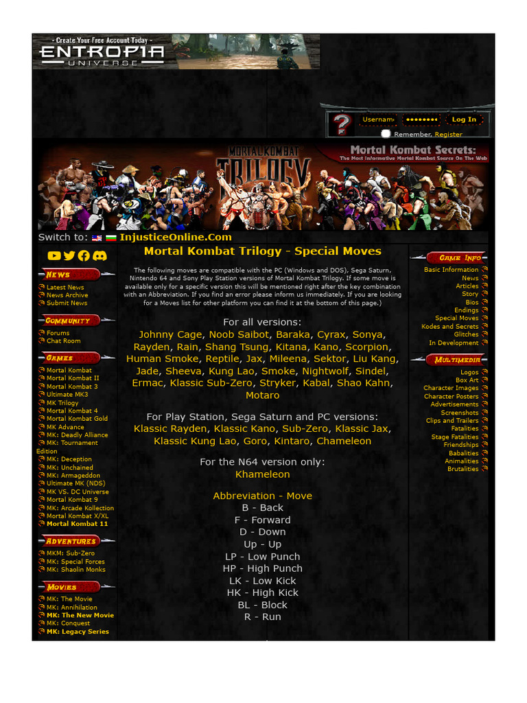 Mortal Kombat Trilogy - Special Moves - Mortal Kombat Secrets | PDF ...