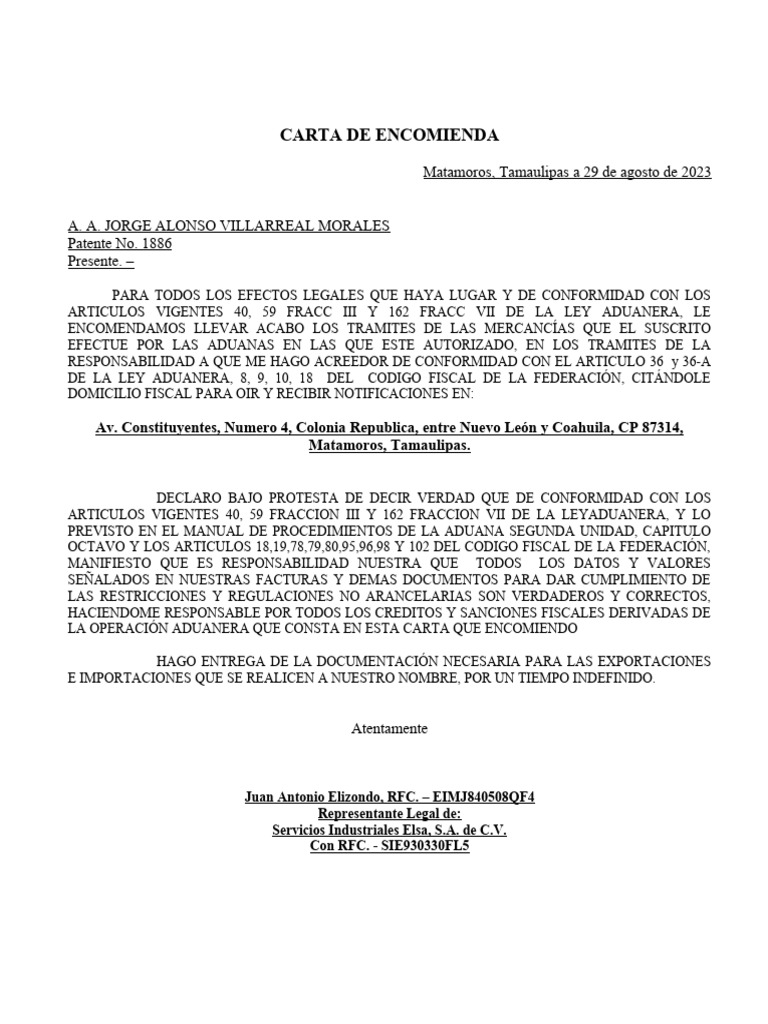 Carta de Encomienda Aduanera 2023 | PDF