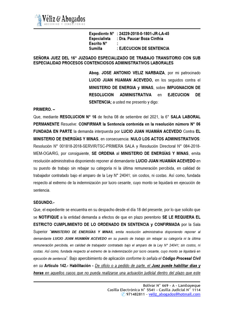 Expediente #24229 - 2018 - Escrito Ejecucion de Sentencia | PDF | Sentencia (ley) | Justicia