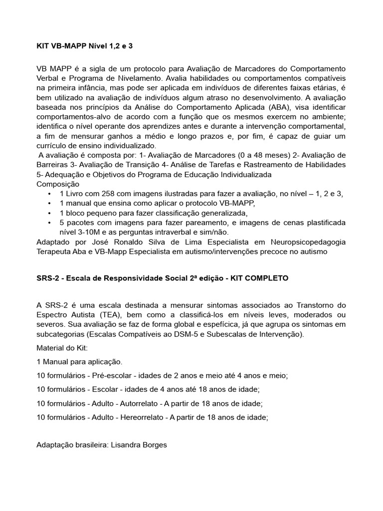 Testes VB Mapp e Srs2 | PDF