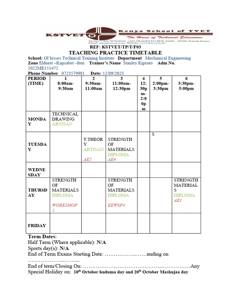 Mechanical Engineering Teaching Schedule | PDF