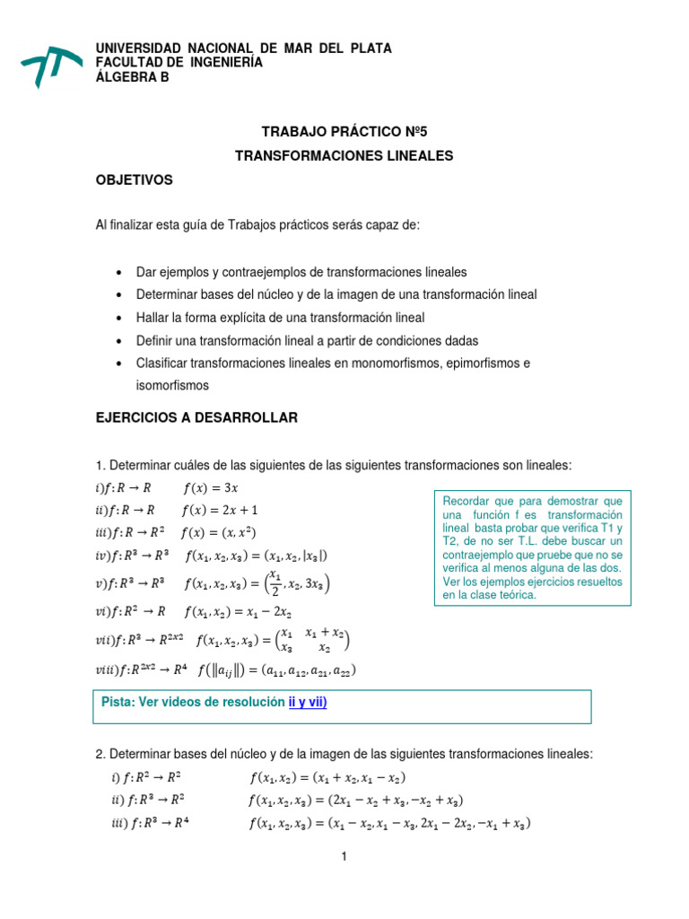 Guia de Transformaciones Lineales 2021 Con Pistas y Enlaces | PDF | Mapa lineal | Estructuras ...