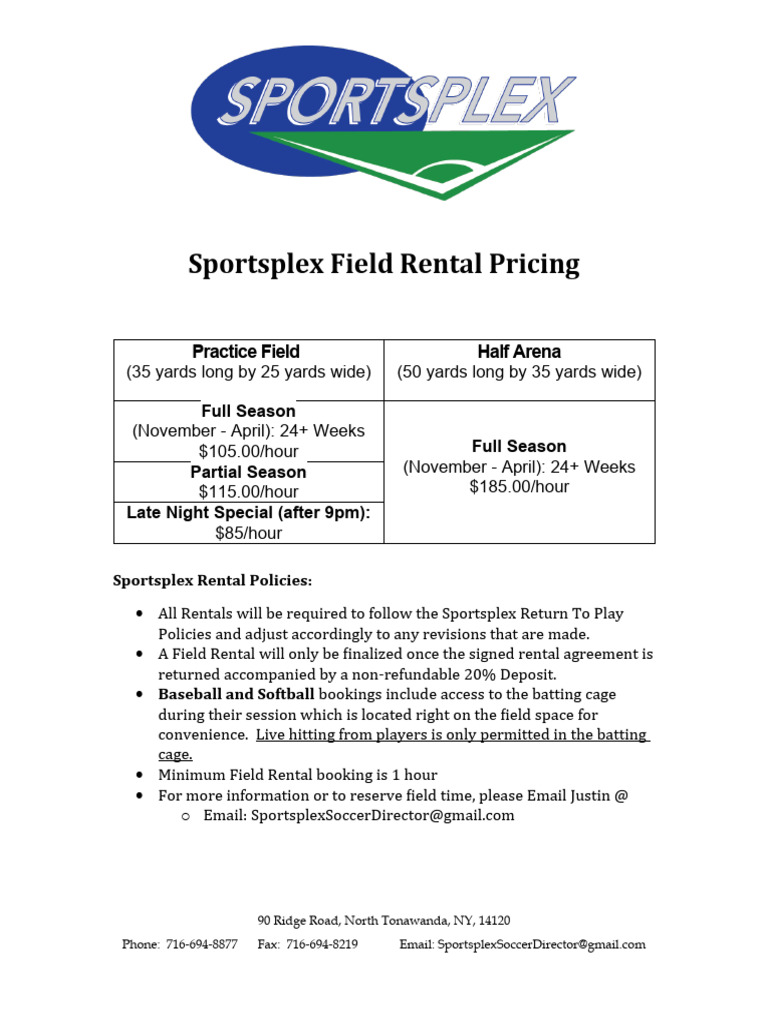 Sportsplex - Field Rental Pricing Flyer 2 | PDF
