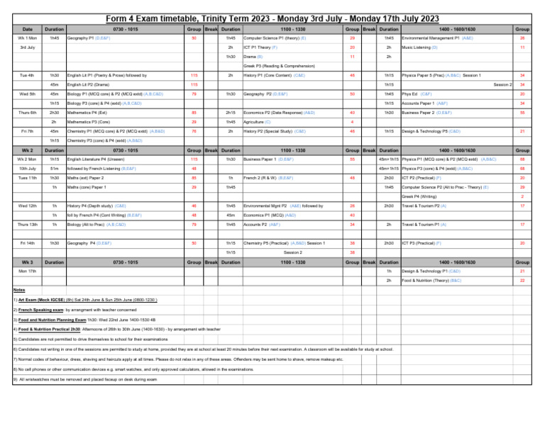 Form 4 Exam Timetable, Trinity Term 2023 - Monday 3rd July - Monday 17th July 2023 | PDF | Science