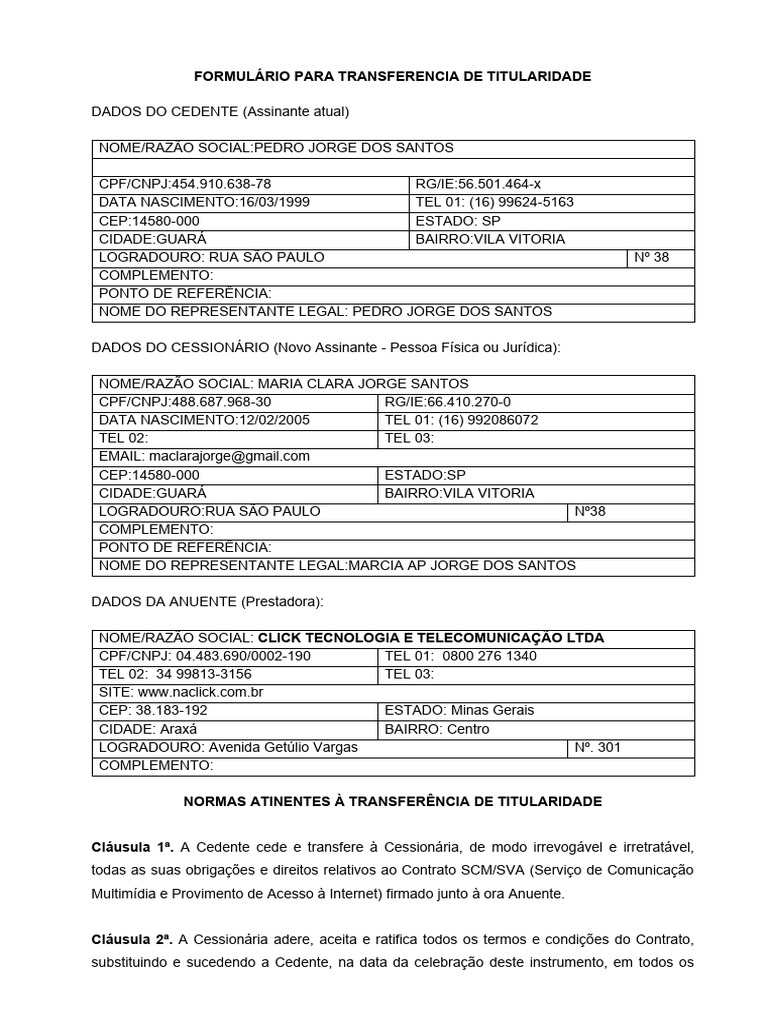 Formulário Transferência De Titularidade Click Telecom Pdf