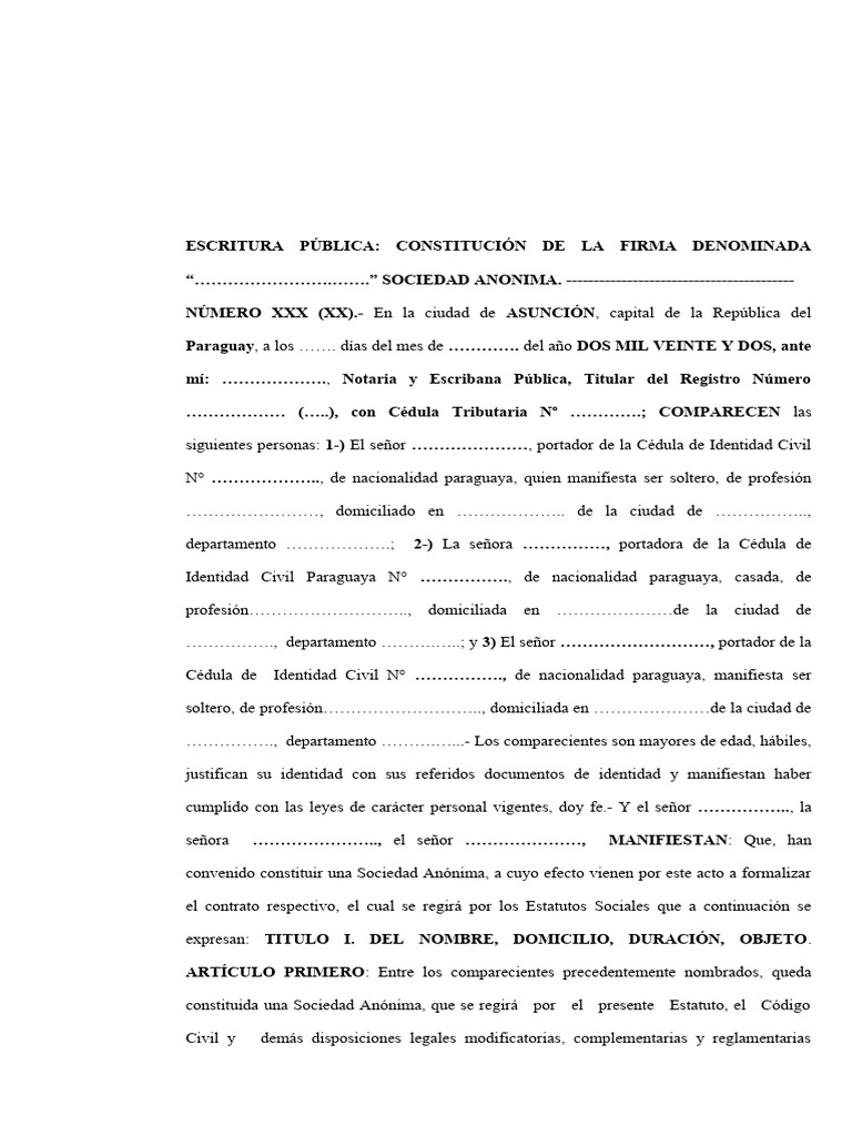 Escritura Pública - Constitución de Sociedad Anónima - Modelo | PDF | Franquiciamiento | Bancos