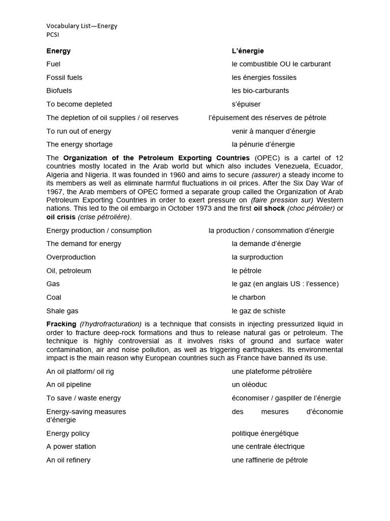 Vocabulary List - Energy | PDF | Nuclear Power | Petroleum