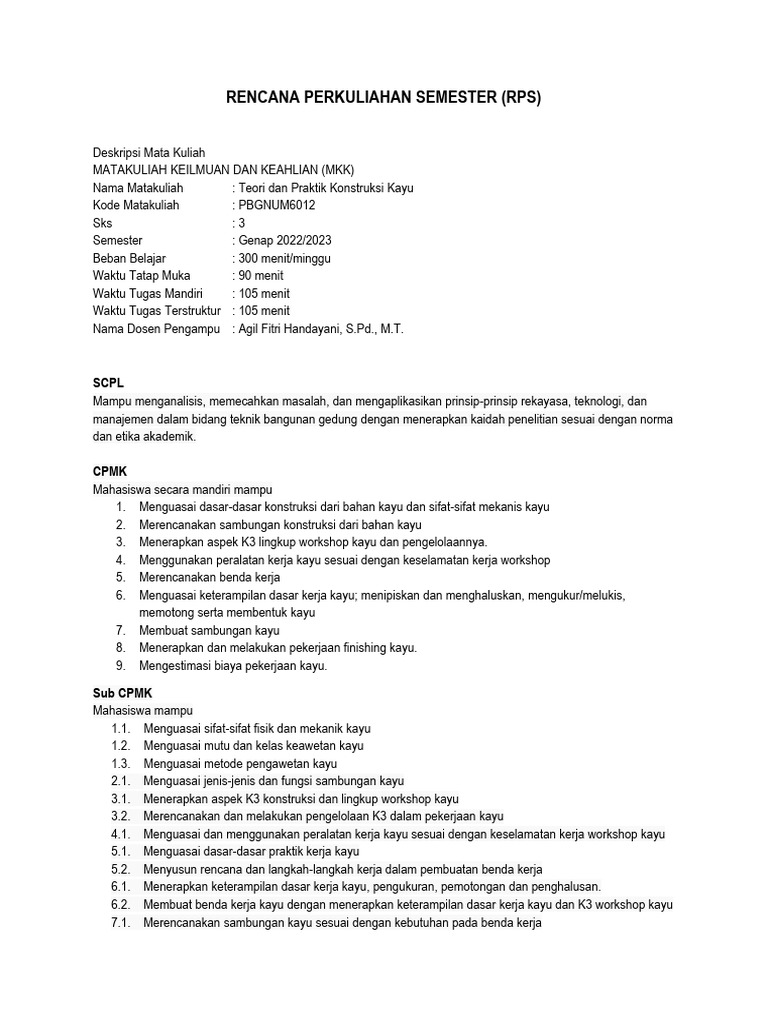 RPS-Teori Dan Praktek Konstruksi Kayu | PDF