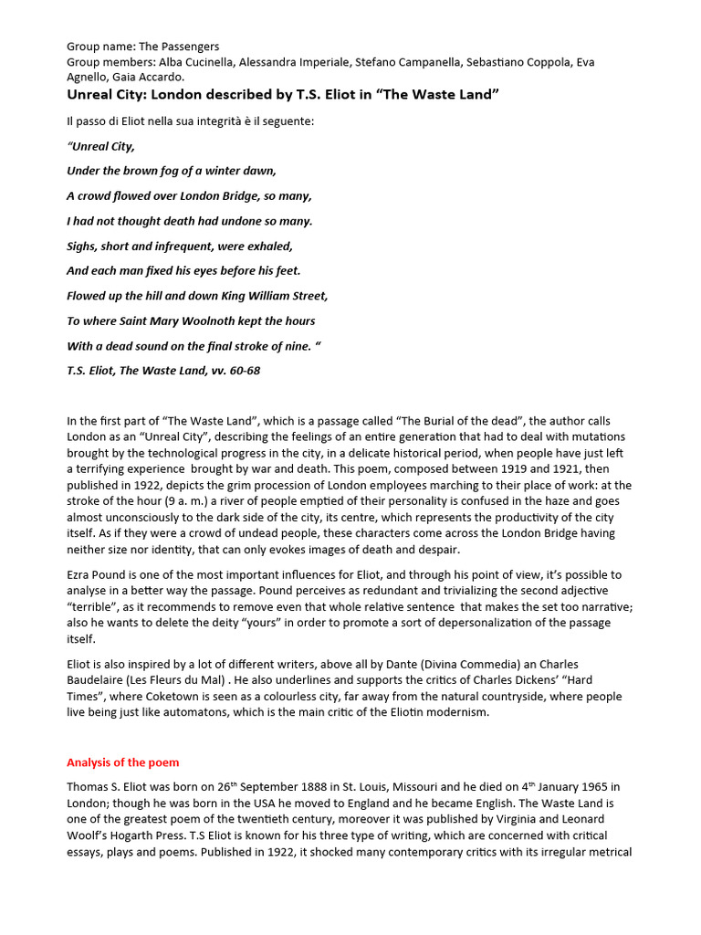 T. S. Eliot - Waste Land Analysis | Download Free PDF | T. S. Eliot ...