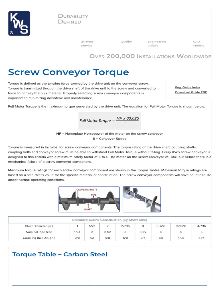 Screw Conveyor Torque - Engineering Guide | PDF