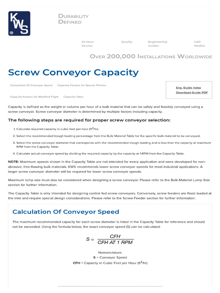Screw Conveyor Capacity and Sizing Charts | PDF