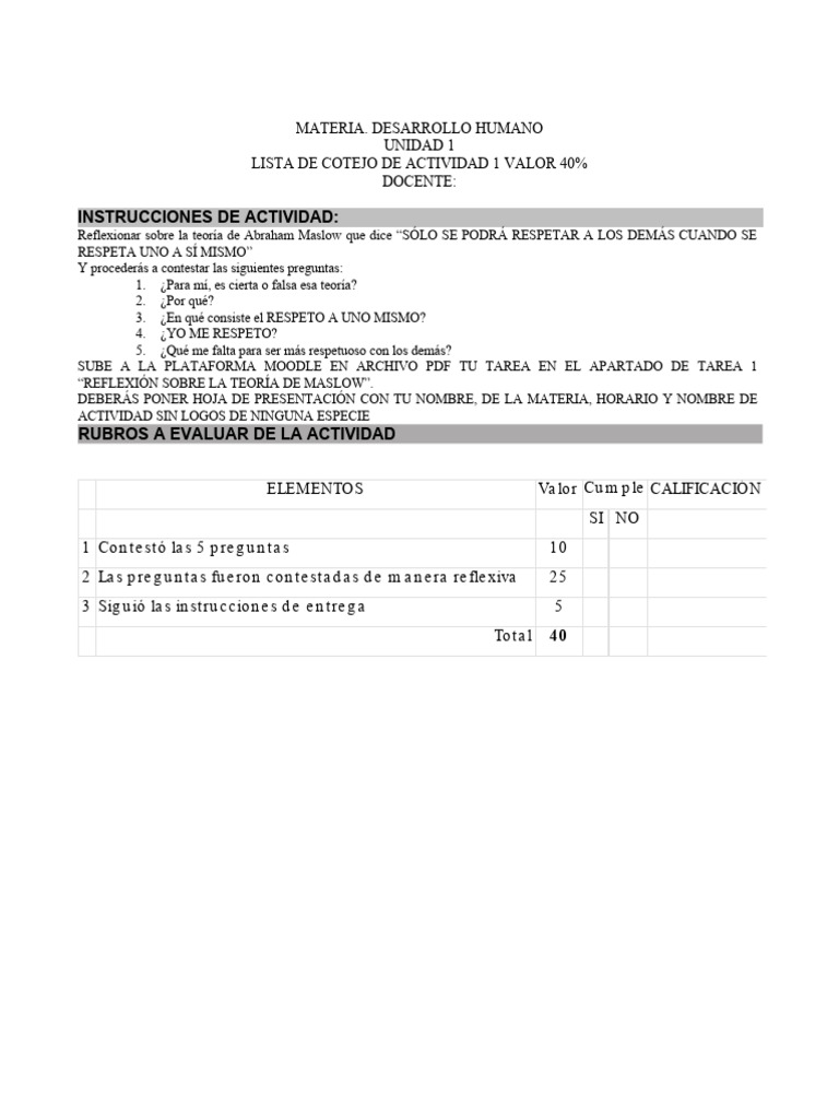 Lista de Cotejo ACTIVIDAD 1 REFLEXION MASLOW | PDF