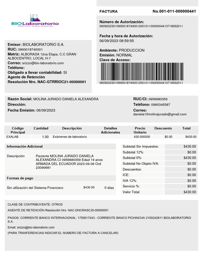 Fac 001-011-000000441 | PDF | Factura | Industrias de servicio