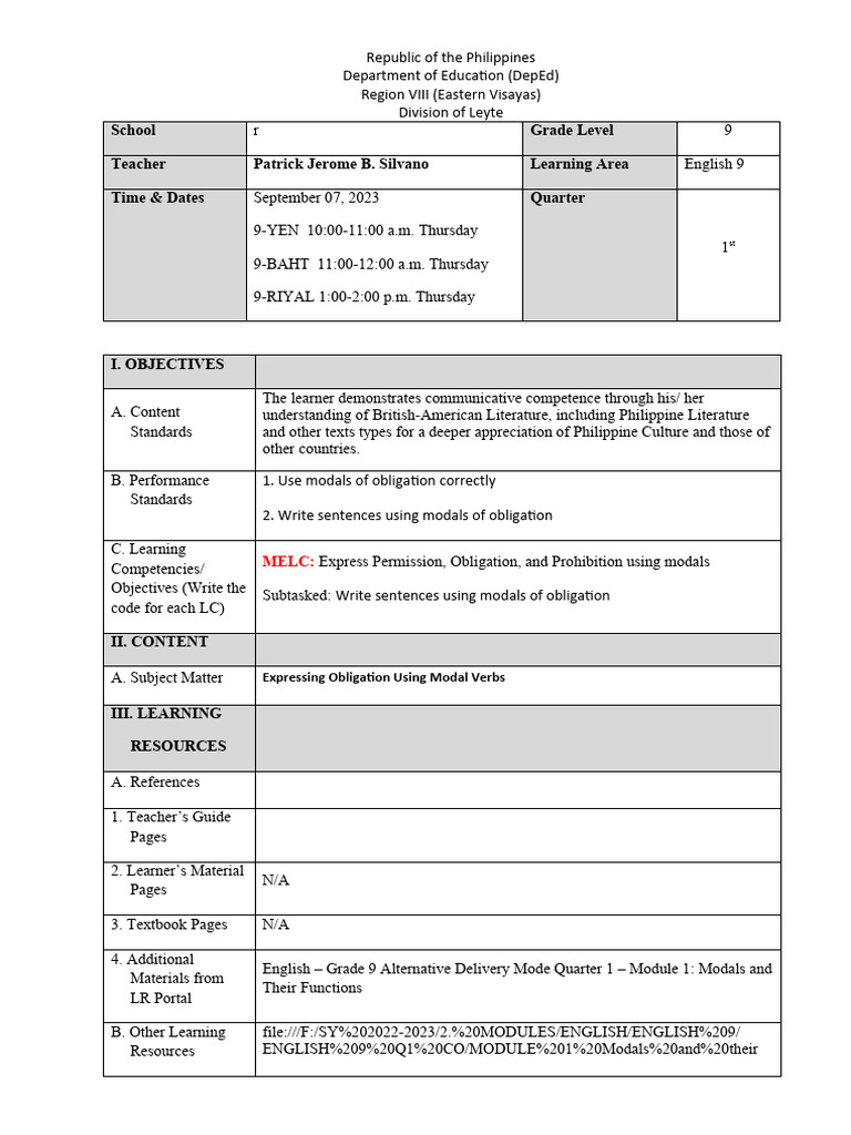 English 9 LP 2ndday | PDF | English Language | Learning
