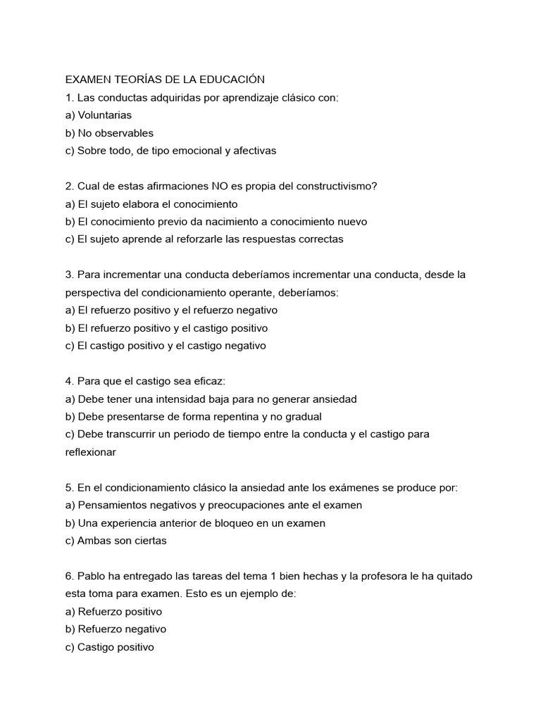 Examen Teorías De La Educación Pdf Aprendizaje Pensamiento