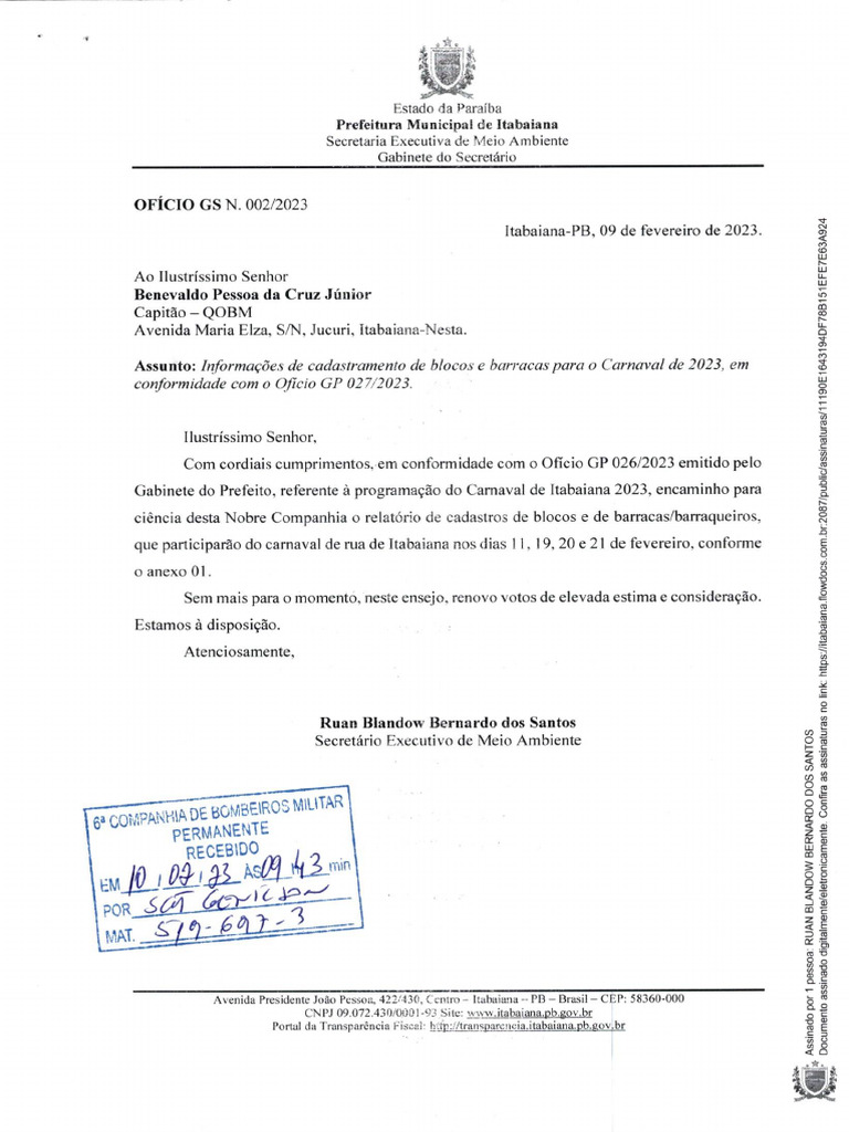 Ofício Corpo de Bombeiros - Itabaiana-Pb | PDF