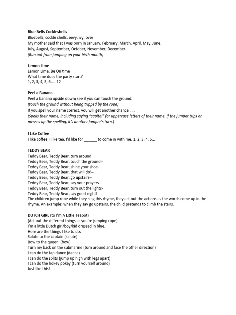 Jump Rope Songs and Rhymes | PDF