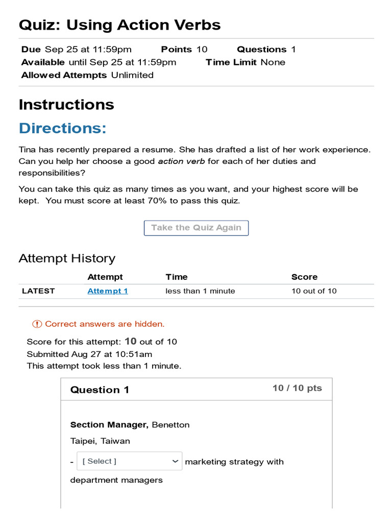 Quiz - Using Action Verbs - English For Career Development Summer 2023 ...